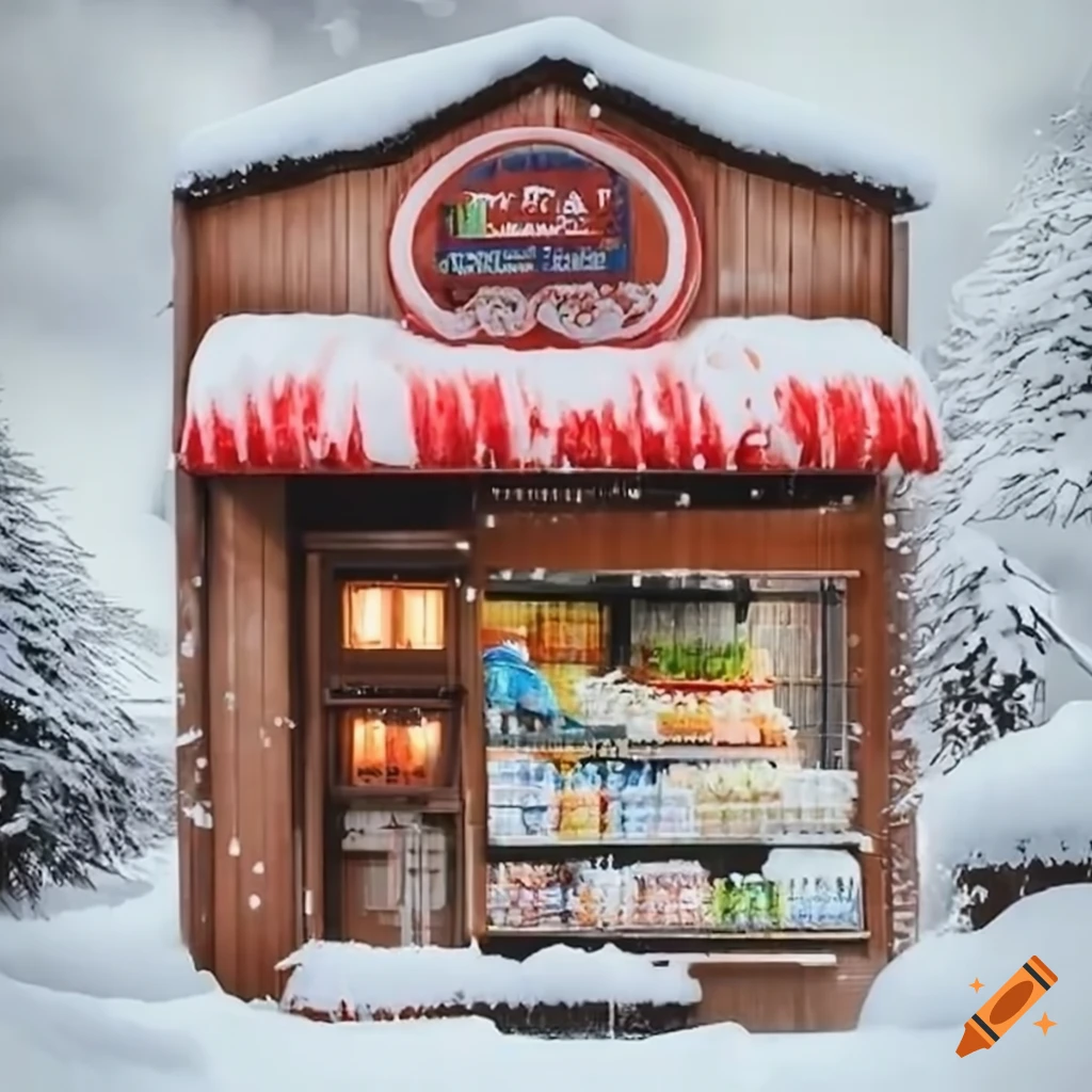 Winter scene of a grocery store covered in snow