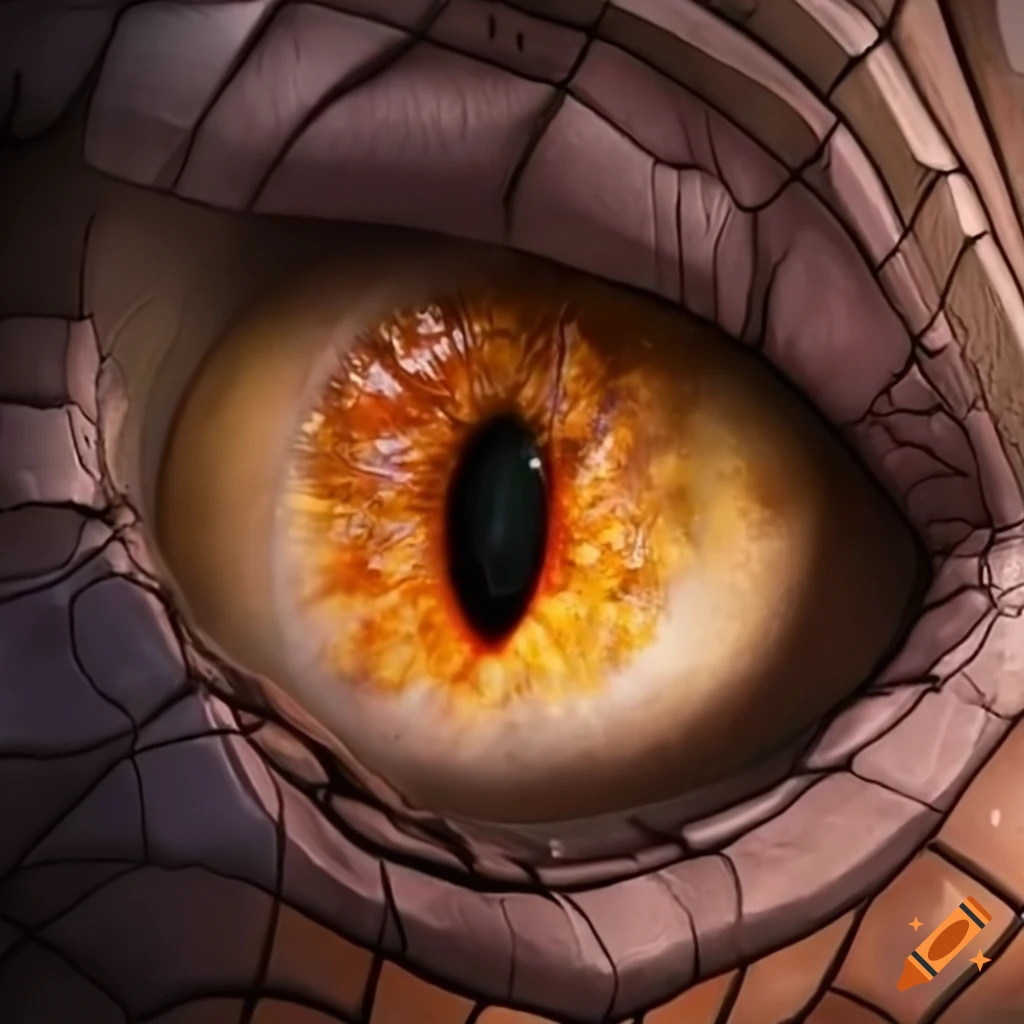 Close-up of an orange reptile eye with scales around it in a fantasy ...