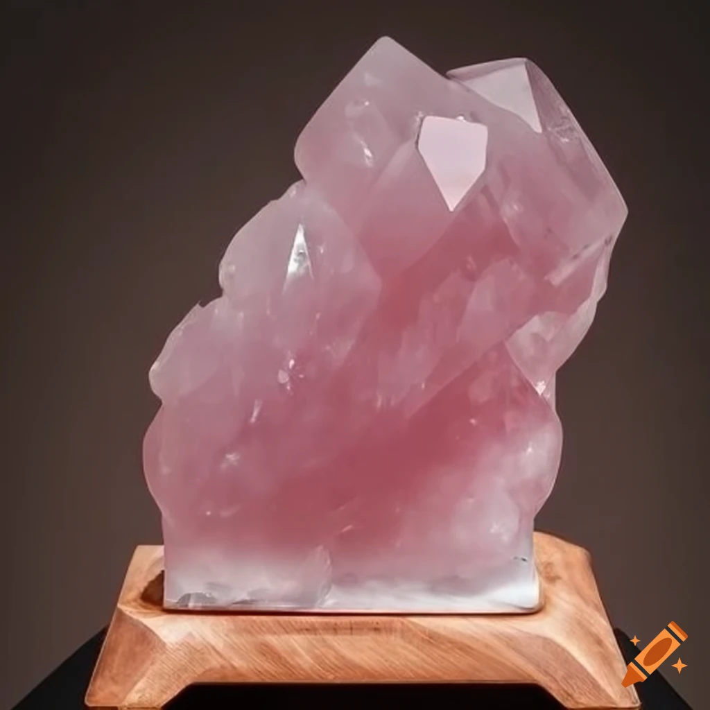 Rose quartz crystal on mahogany stand on Craiyon