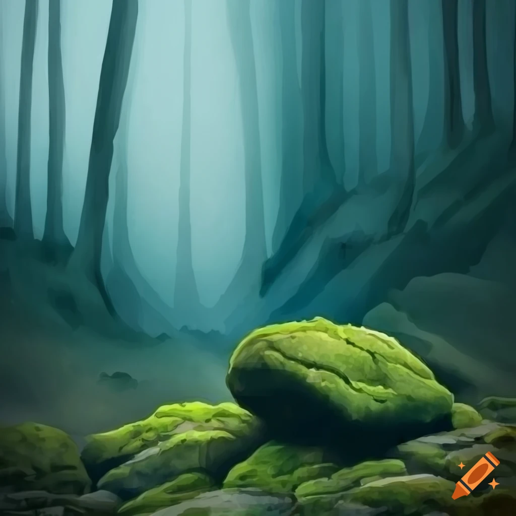 Watercolor of a misty forest with moss-covered rocks