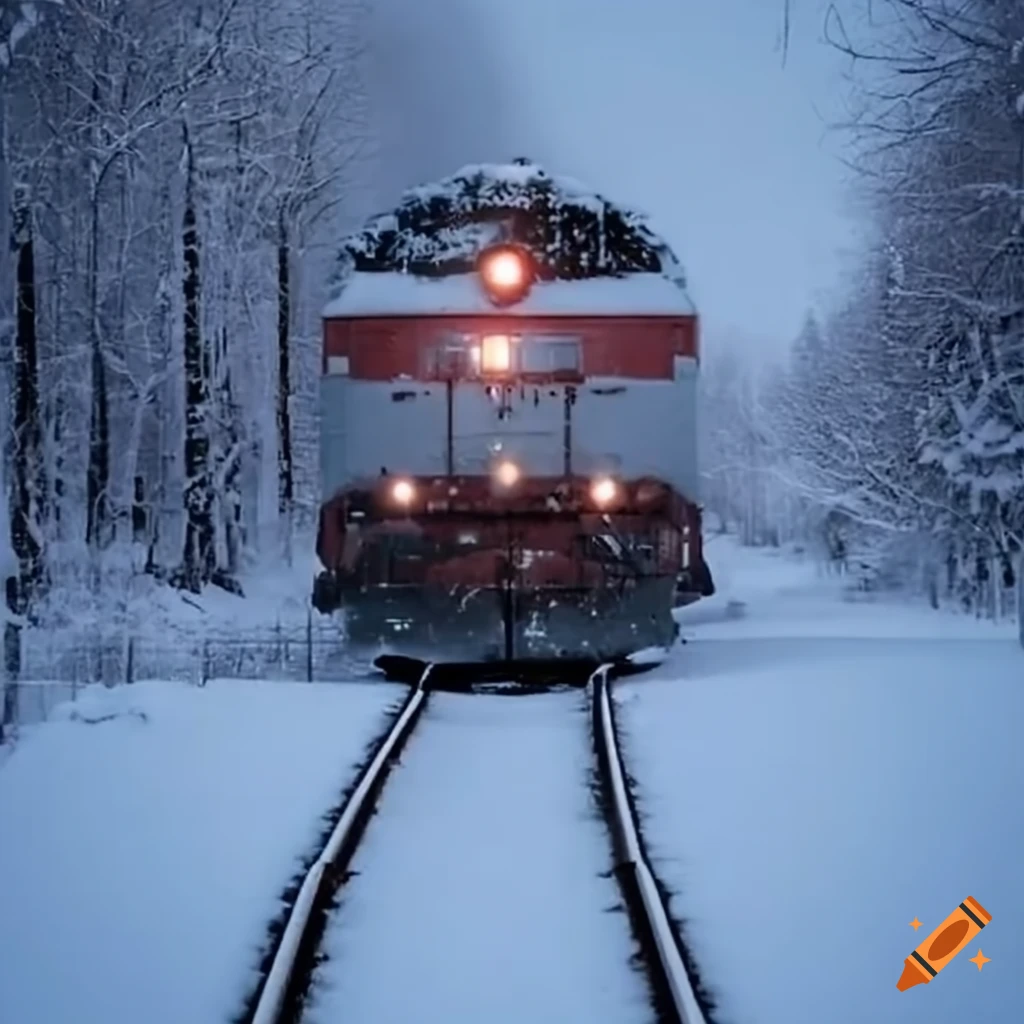 Train in snowy weather in a realistic setting on Craiyon