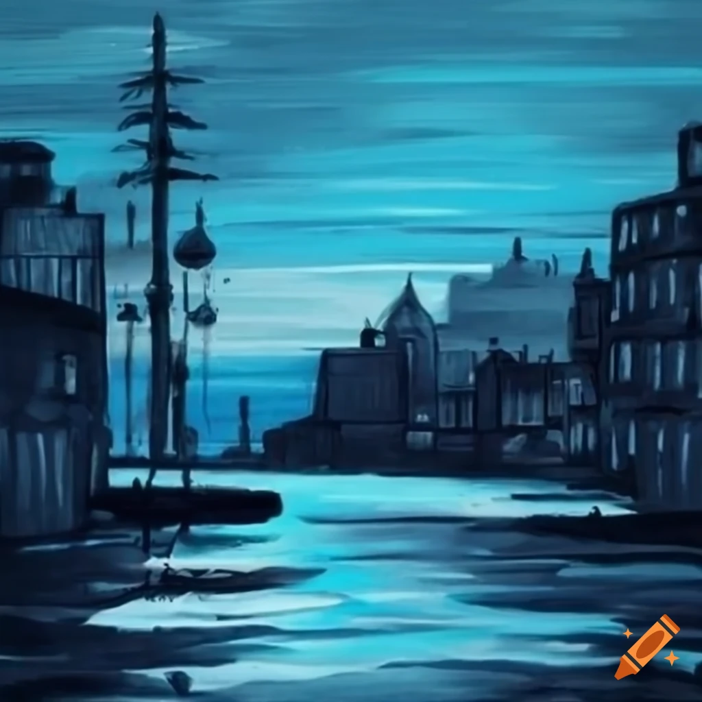 Ink drawing of a frozen ocean with a distant blue city on Craiyon