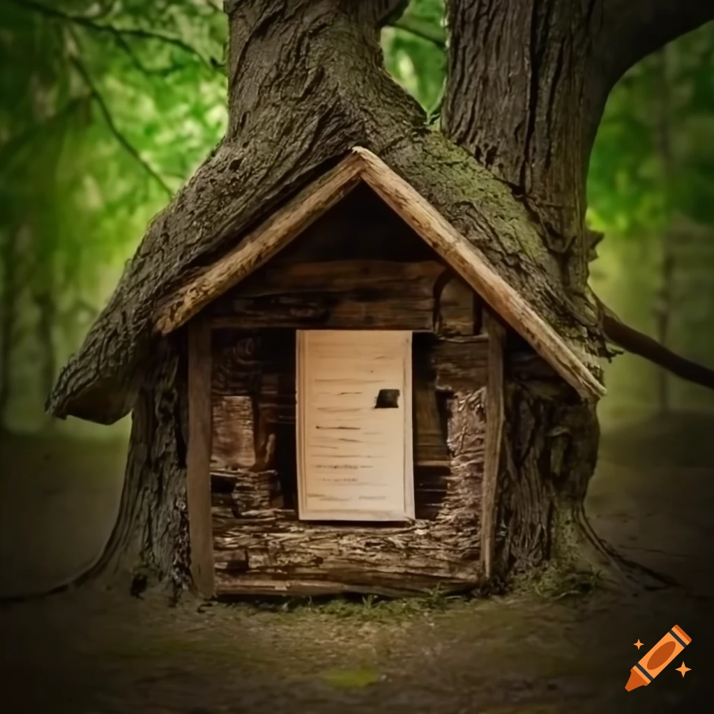 Tiny book house nestled in a tree trunk on Craiyon