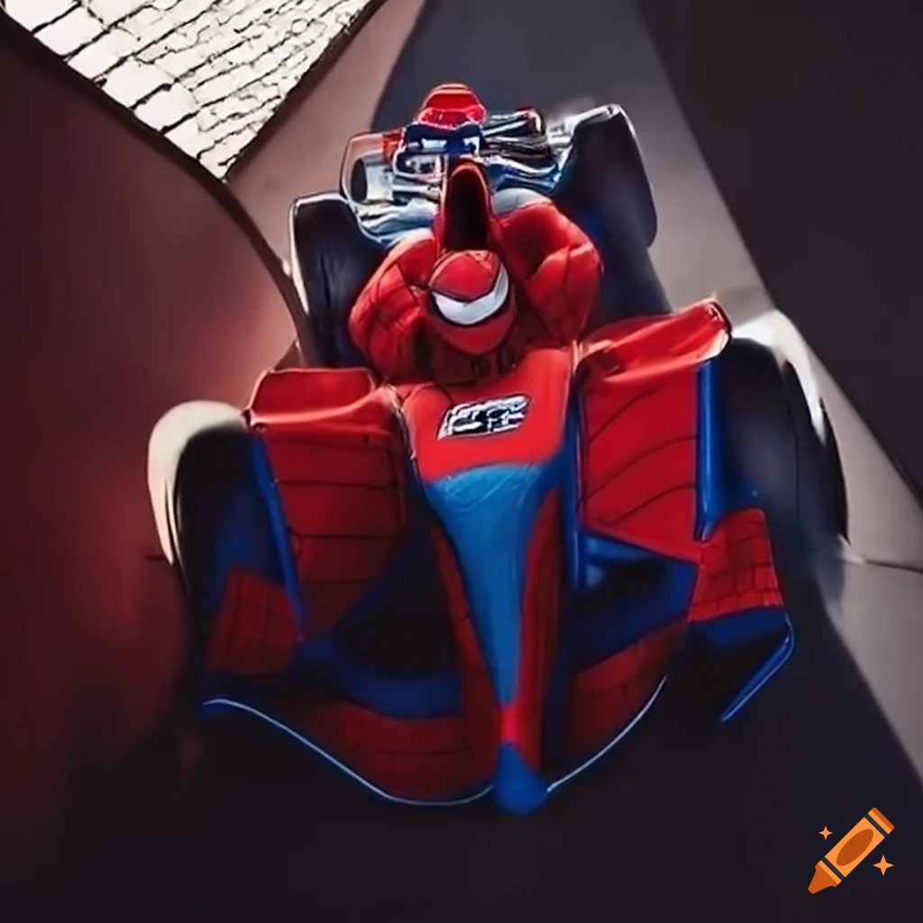 Realistic depiction of spider-man driving a formula 1 car on Craiyon