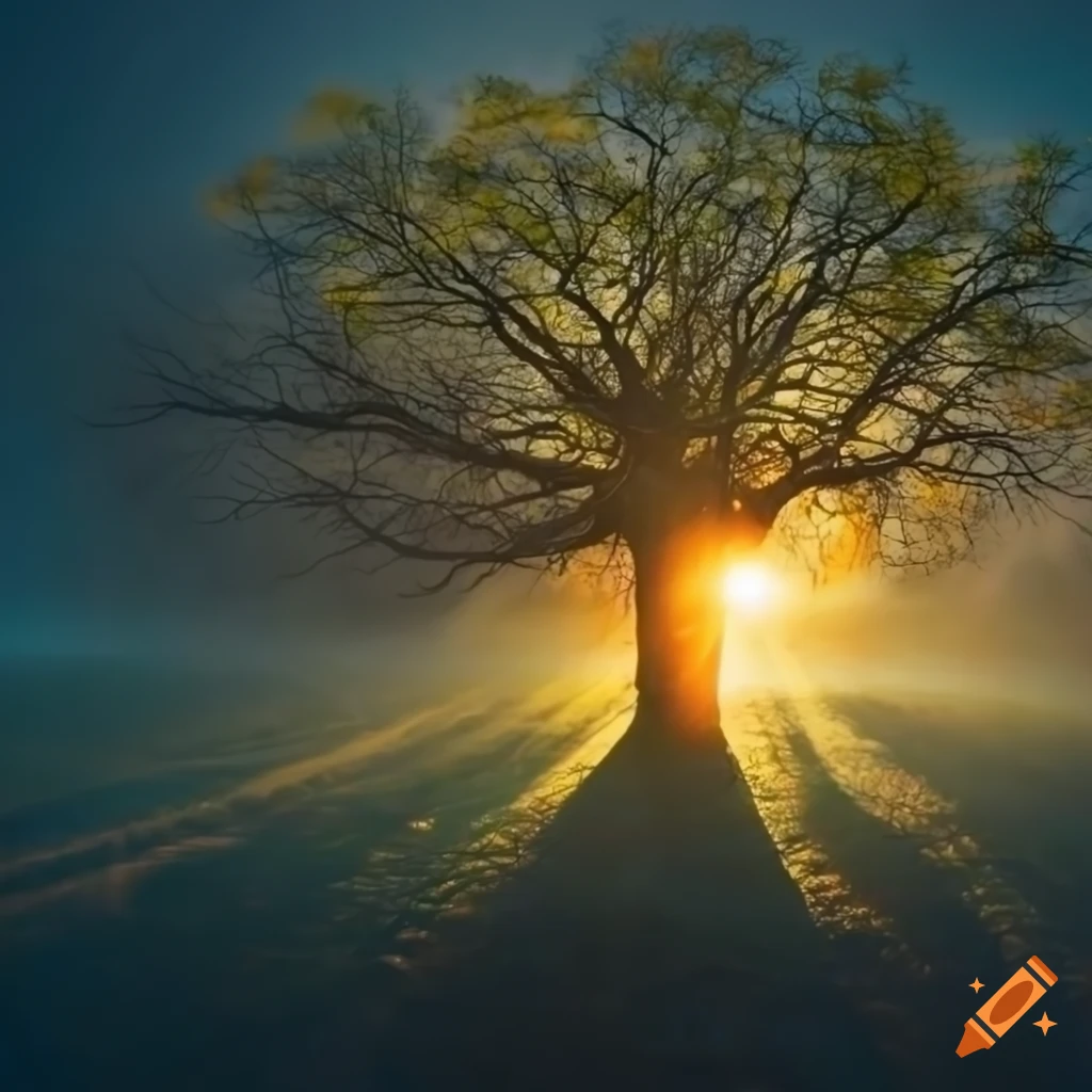 Path through fields of grain leading to a tree with the rising sun on ...