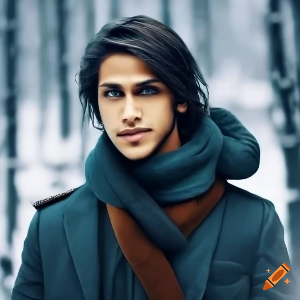 Portrait Of A Handsome Biracial Man With Blue Eyes And Long Black Hair