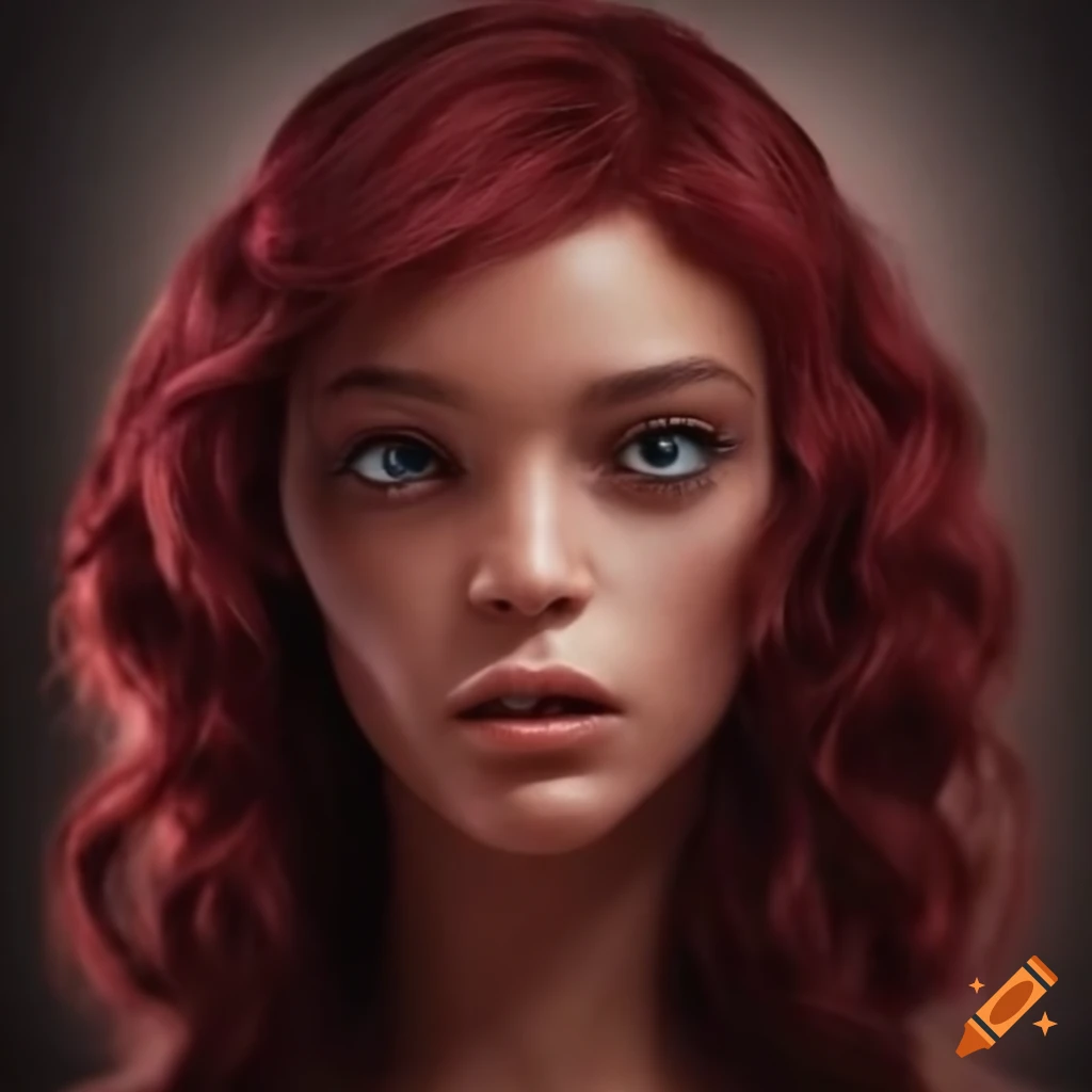 Portrait of a maroon-haired humanoid alien woman on Craiyon