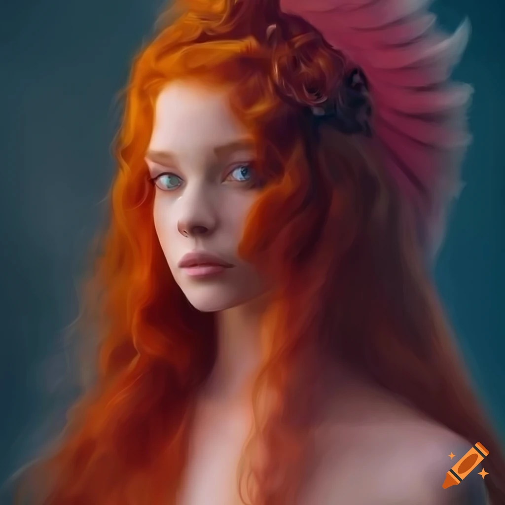 Ethereal portrait of a red-haired girl with angelic wings on Craiyon