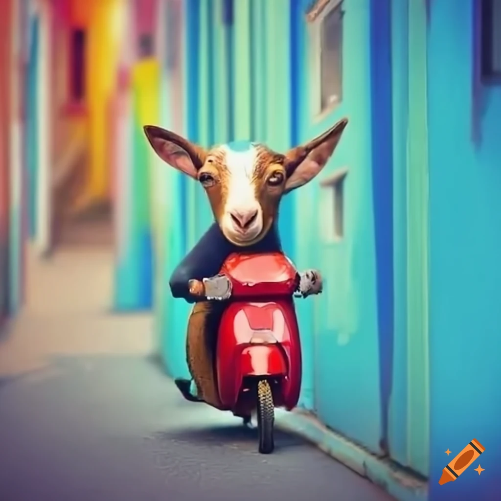 Funny goat riding a scooter in a colorful village