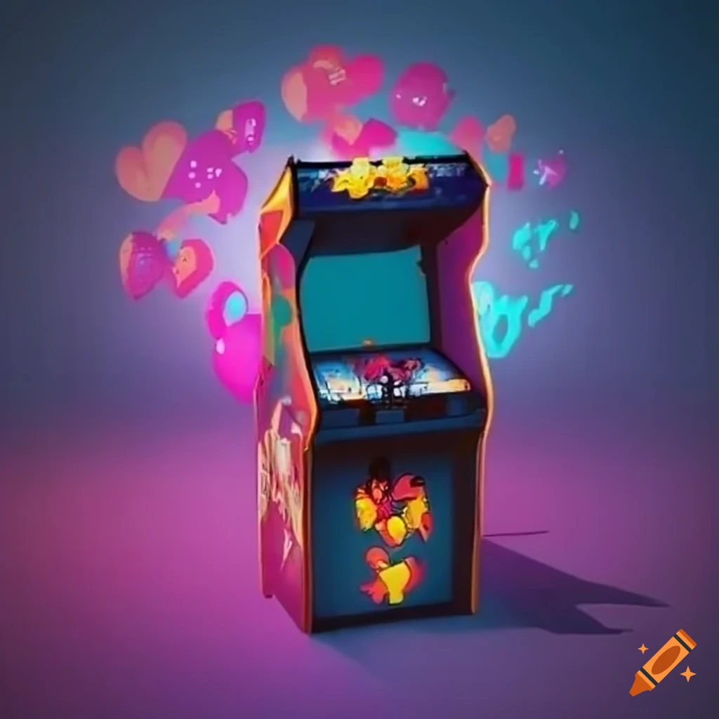 Vibrant neon illustration of a classic arcade machine with game icons ...