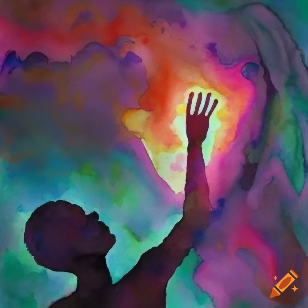 Watercolor painting of a figure guided by a glowing god on Craiyon