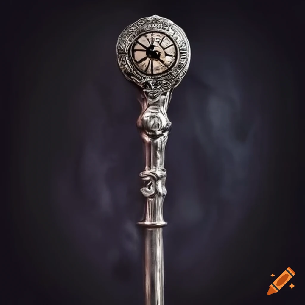 Silver staff with a clock and mystical inscriptions on Craiyon