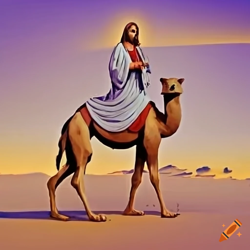 Artwork of jesus riding a dromedary camel