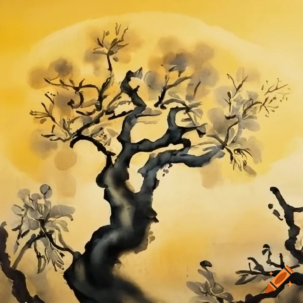 Chinese ink painting of honeybees and olive trees on Craiyon