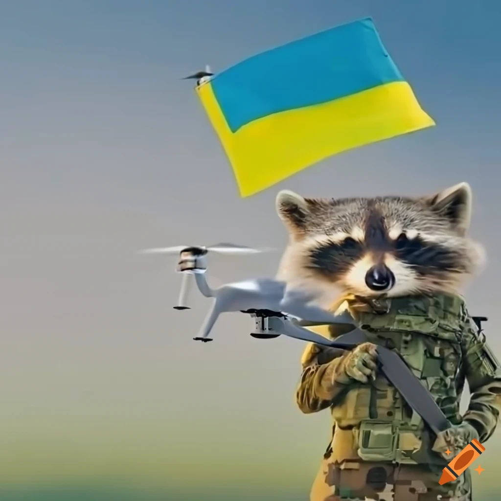 Image with a raccoon in military uniform and Ukrainian flag drone on ...