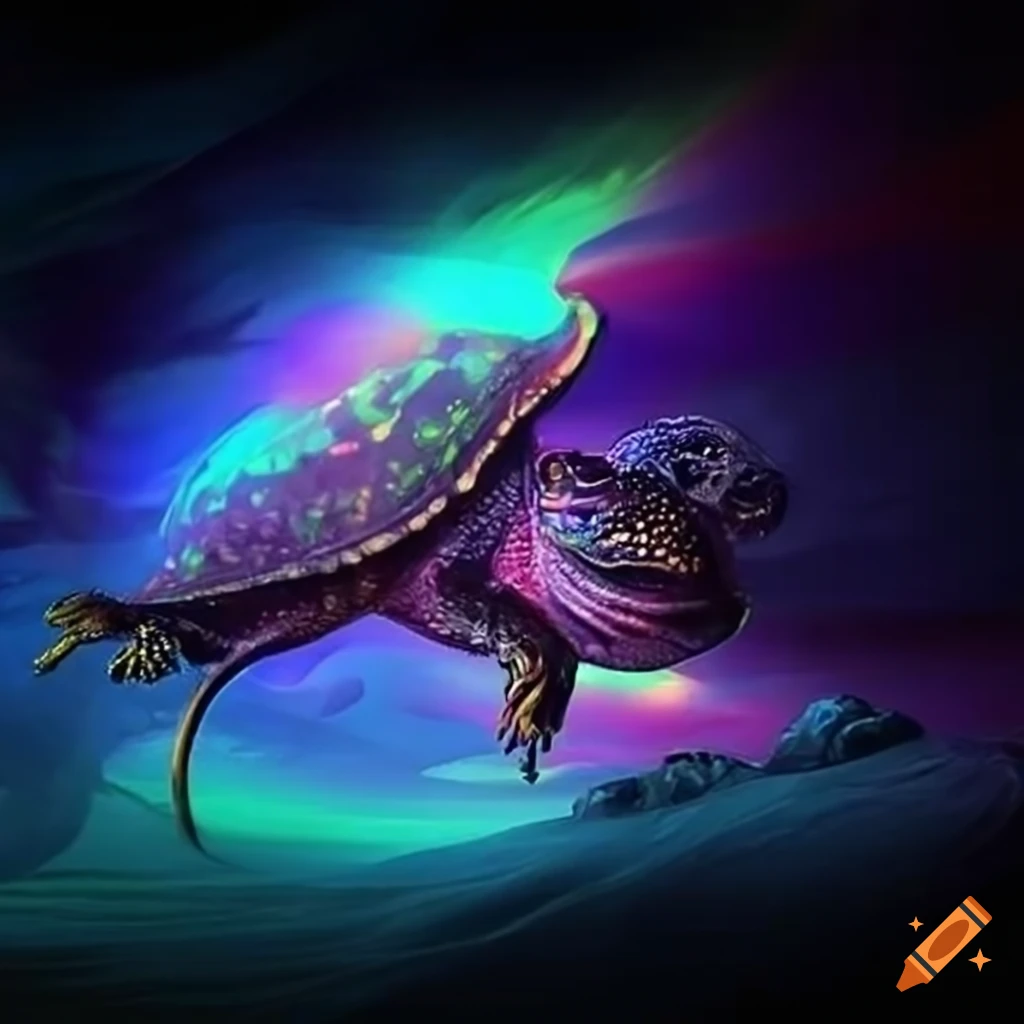 Baby turtle surrounded by iridescent treasures on Craiyon