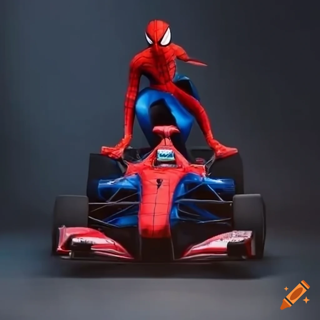 Spiderman racing in a formula 1 car