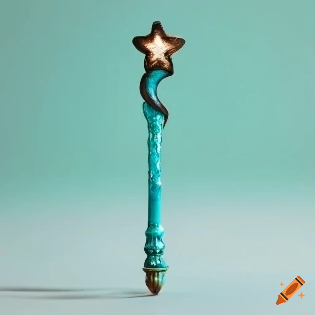 Shiny turquoise wooden fairy wand with a star on Craiyon