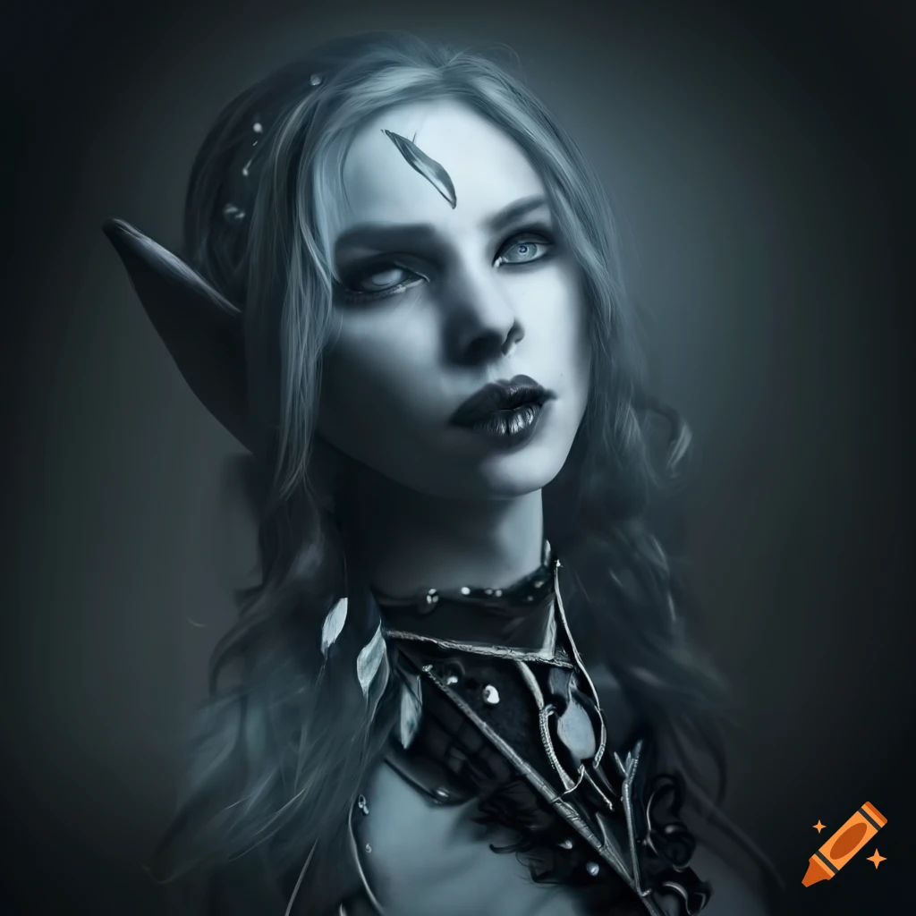 Monochrome picture of a snow-haired shadow elf