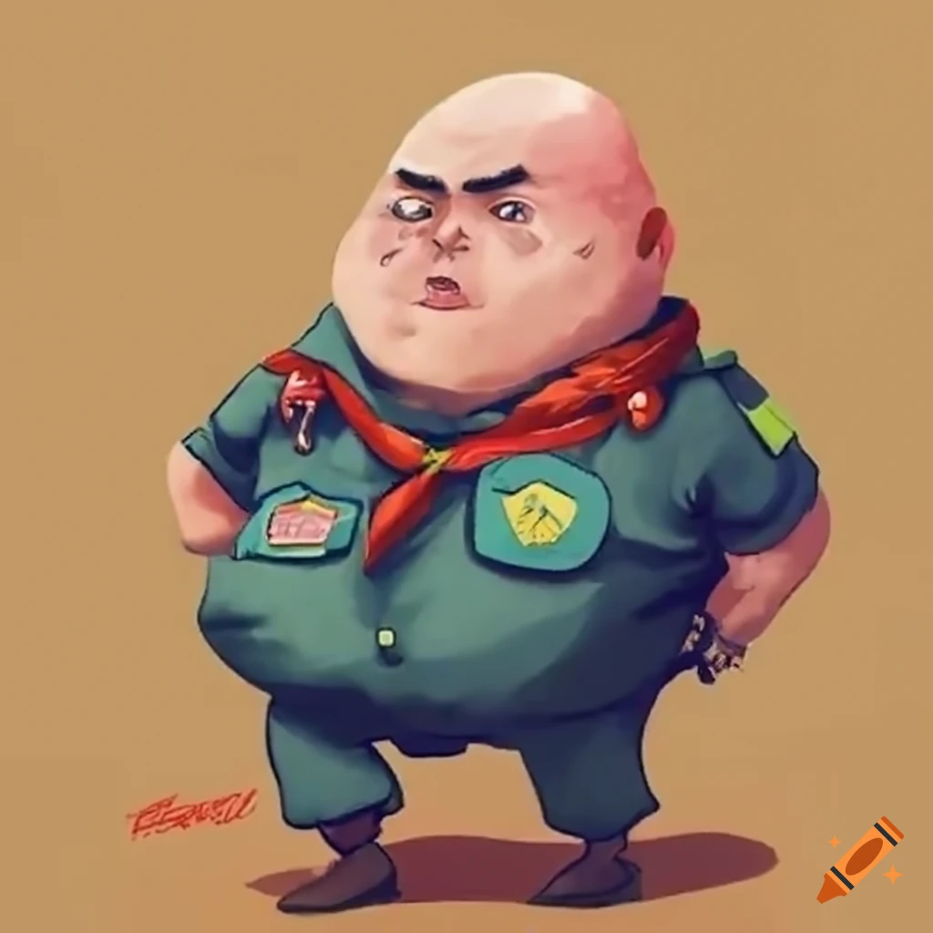 Humorous image of a bald scout chief running a race on Craiyon