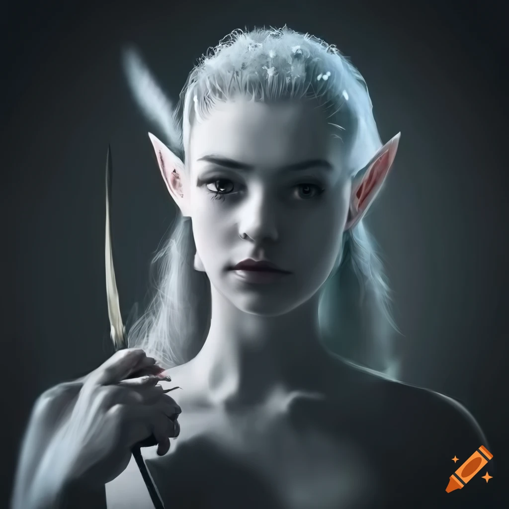 Monochrome photo of a shadow elf holding a quill on Craiyon