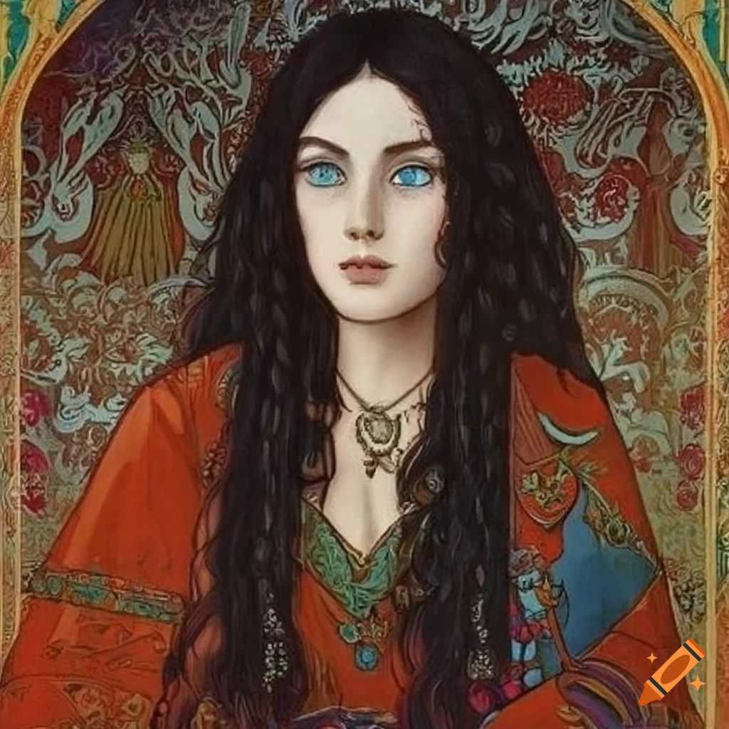 Beautiful princess with long black hair and shining blue eyes on Craiyon