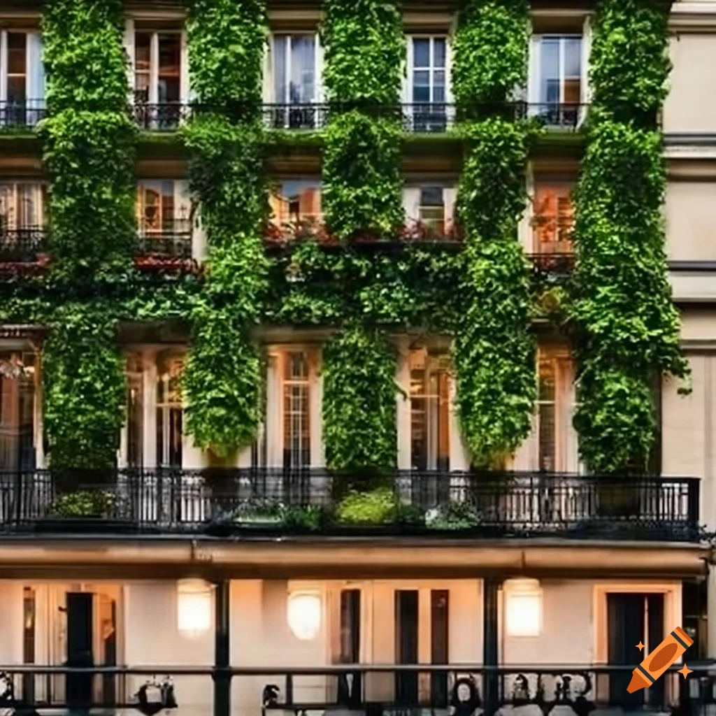 Parisian haussmann facade with a plant-covered style on Craiyon
