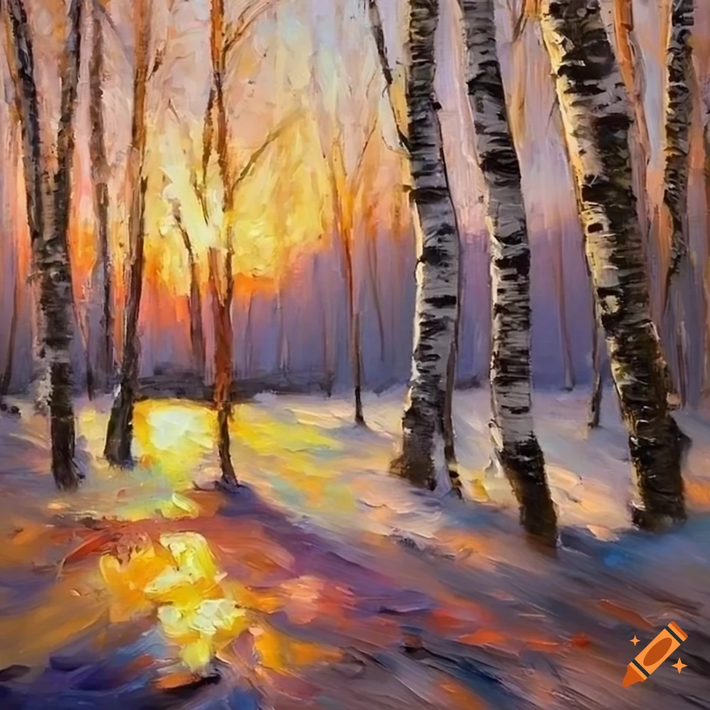 Impressionist oil painting of snowy birch forest at sunset on Craiyon