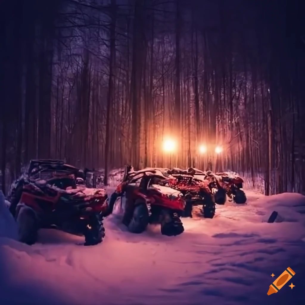 Parked atvs in a winter forest at night