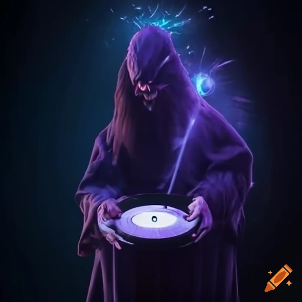 Wizard holding a vinyl record with sparks of magic