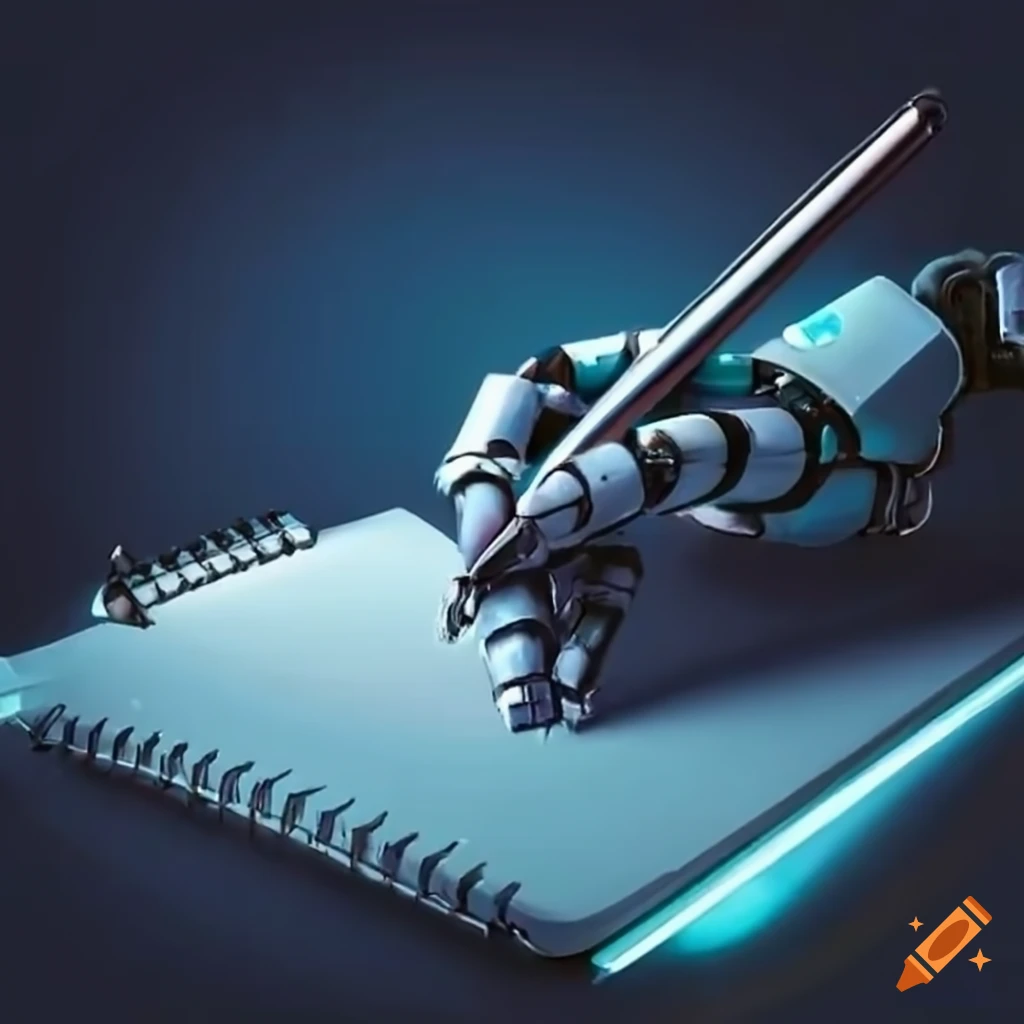 Image of a robot hand writing on a high-tech notepad