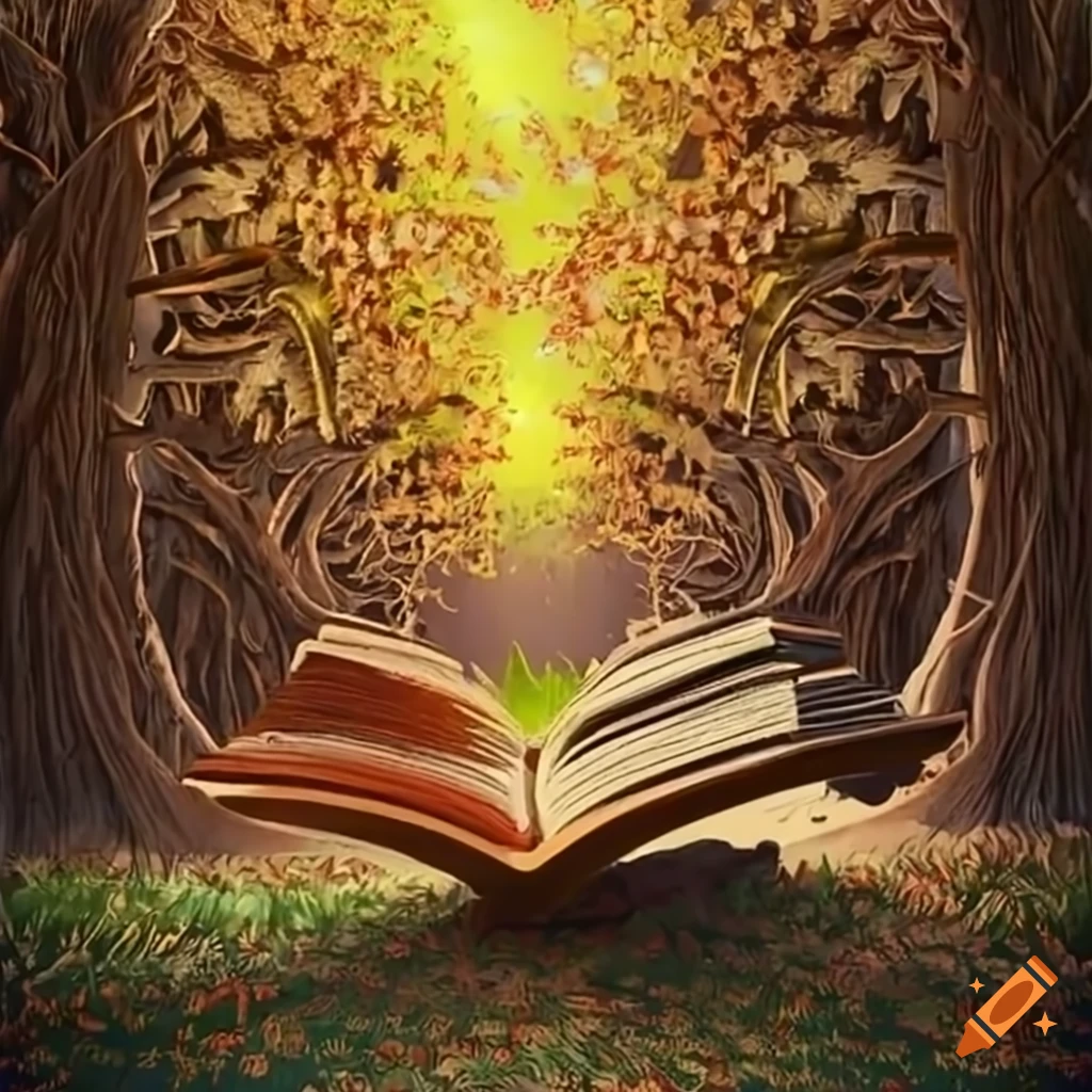 Artistic image of a tree with books inside and a heart in its roots