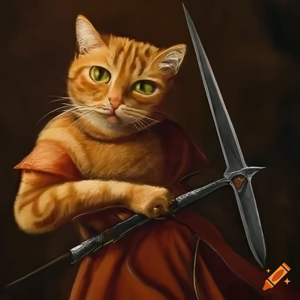 Medieval painting-style orange cat holding a sword on Craiyon