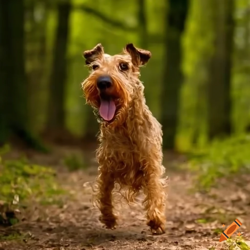 Airedale terrier herding lambs on a farm on Craiyon