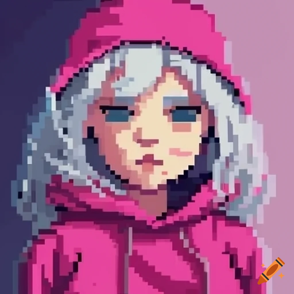 Pixel art character of a girl with long white hair and pink hoodie