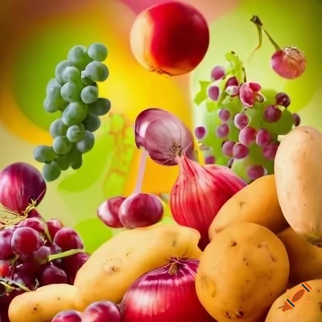 Colorful flying fruits and vegetables on Craiyon