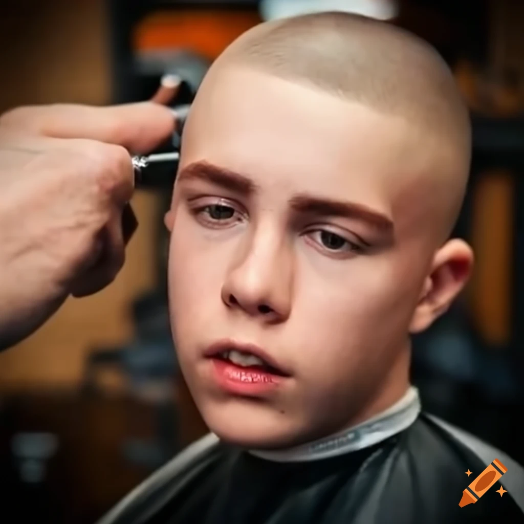 Teenager having his red hair shaved off at a barbershop