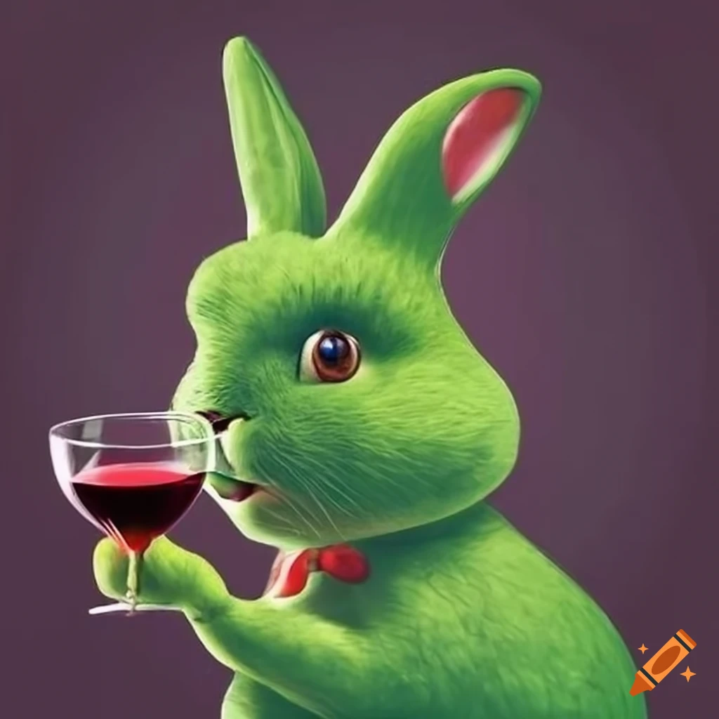 Green rabbit enjoying a glass of red wine on Craiyon