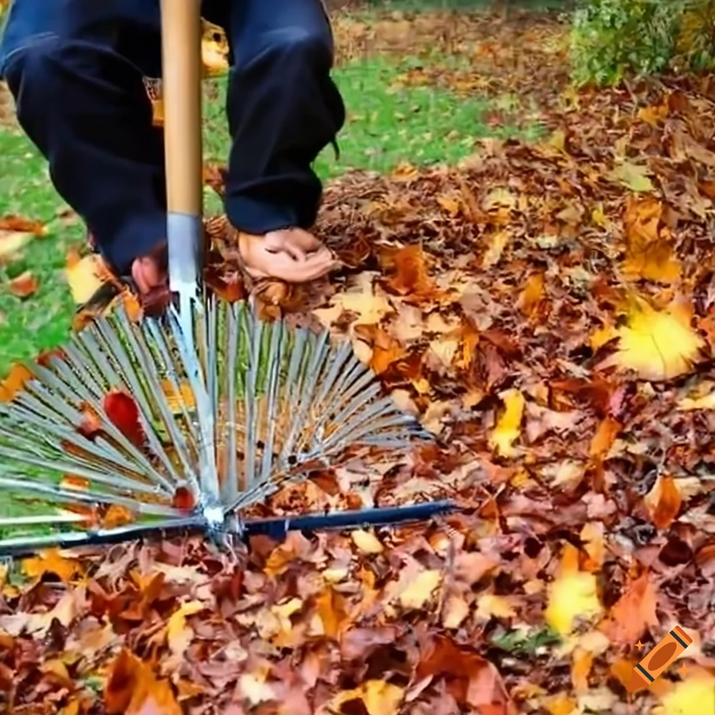 Humorous image of a man raking leaves with a broken rake on Craiyon