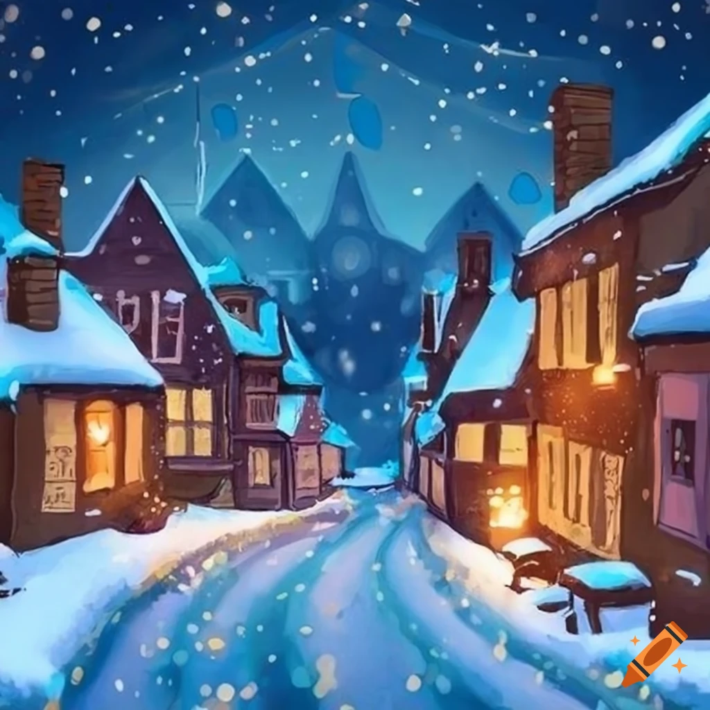 Illustration of a snowy town with cottages and festive lights on Craiyon