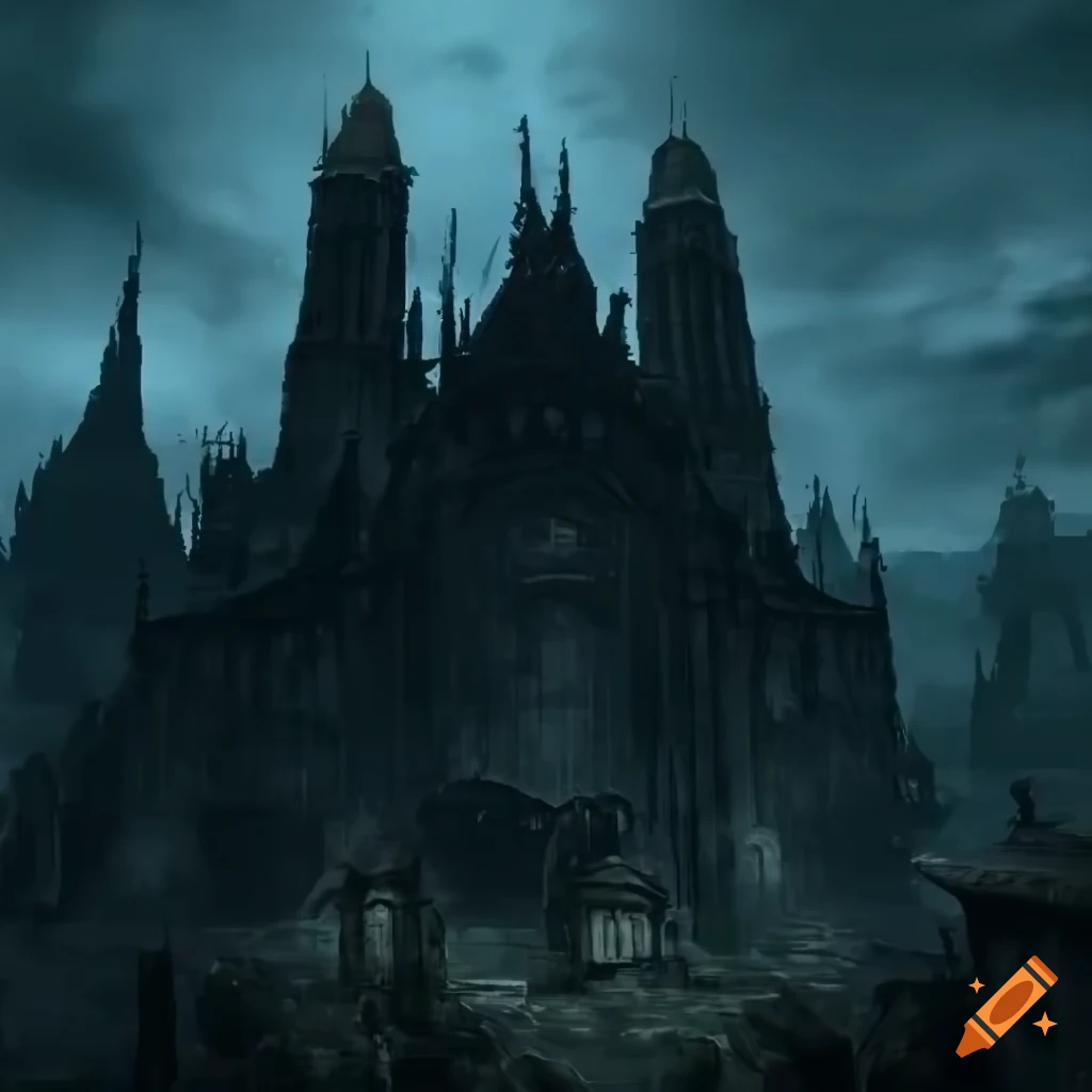 Neo-byzantine cathedral in a city with a bloodborne style on Craiyon