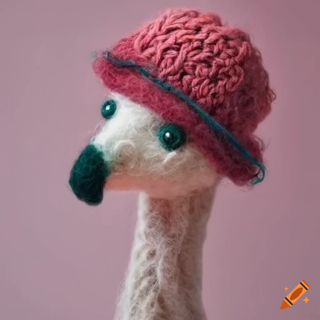 Felted wool flamingo with a stylish hat on Craiyon
