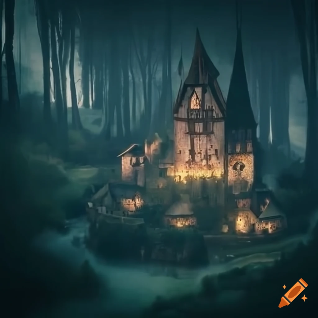 Aerial view of a medieval village in a dark forest