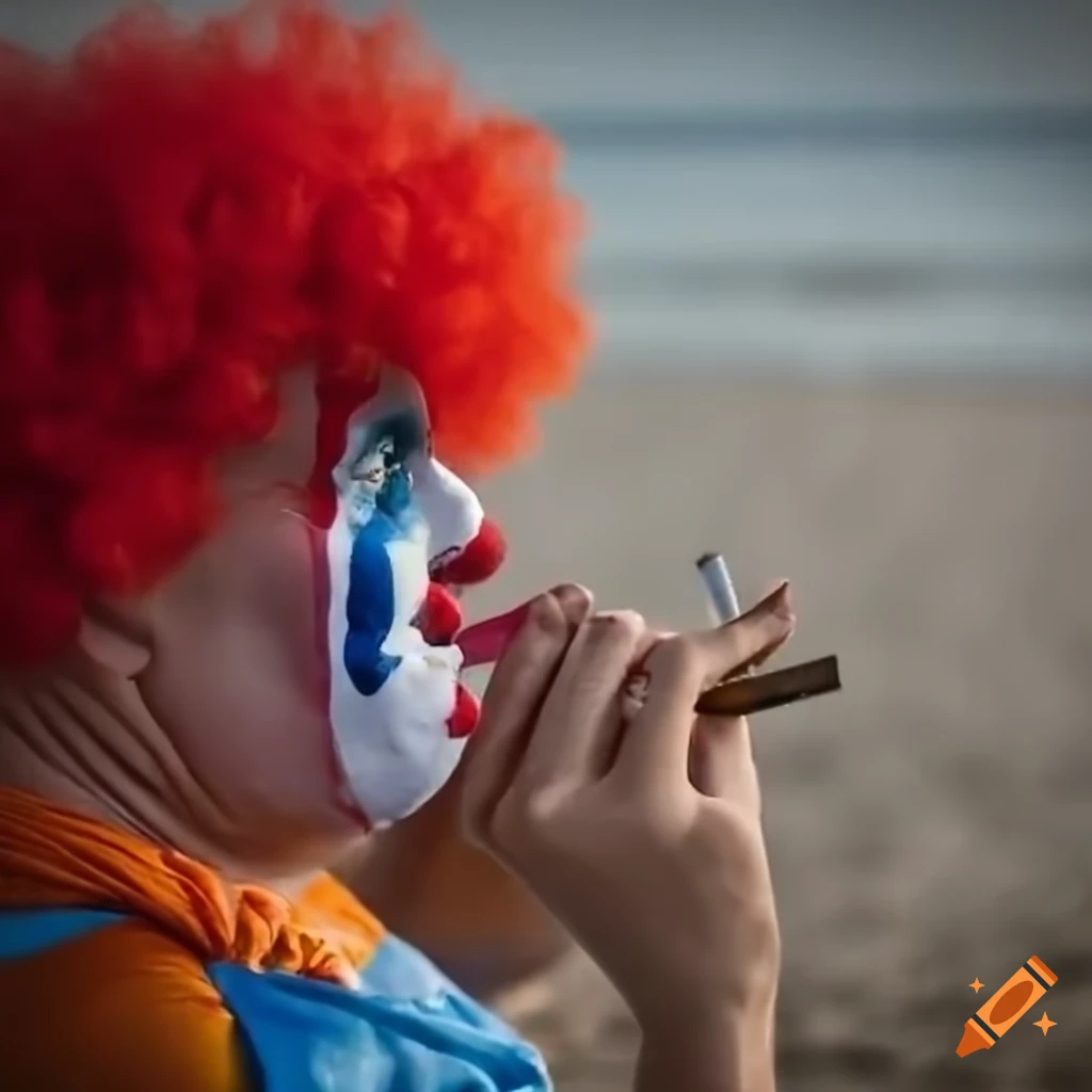 Image of a sad clown smoking by the beach on Craiyon