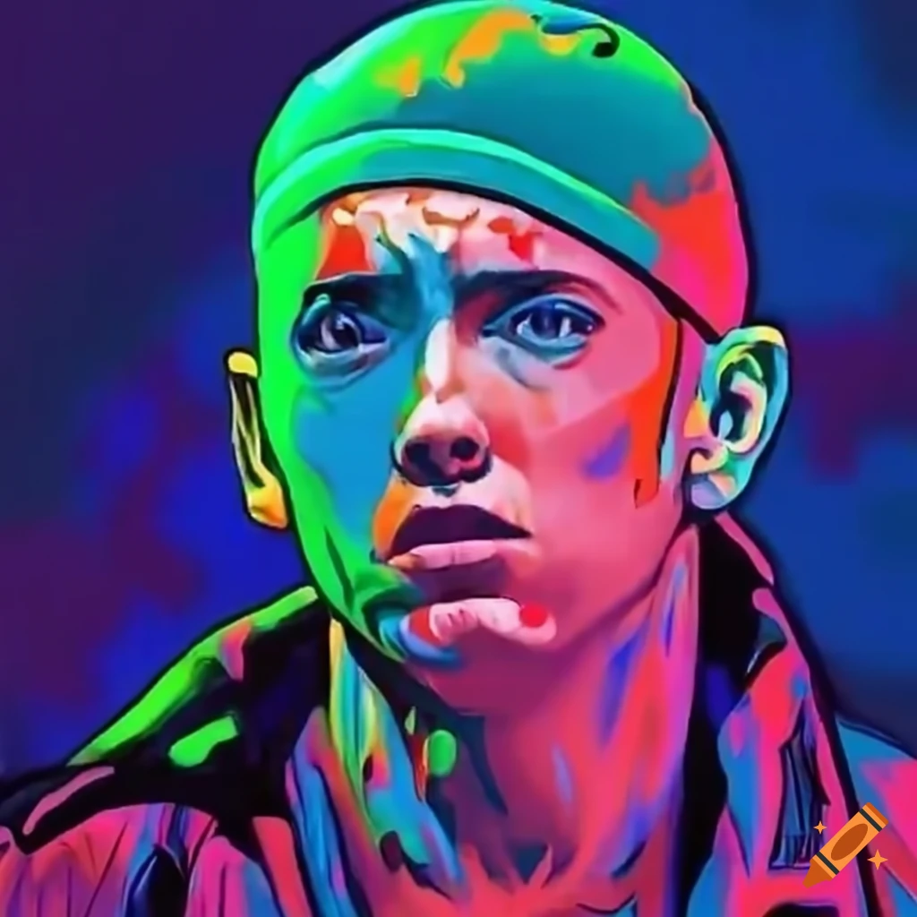 Neon illustration of Eminem rapping with Mario Bros characters on Craiyon