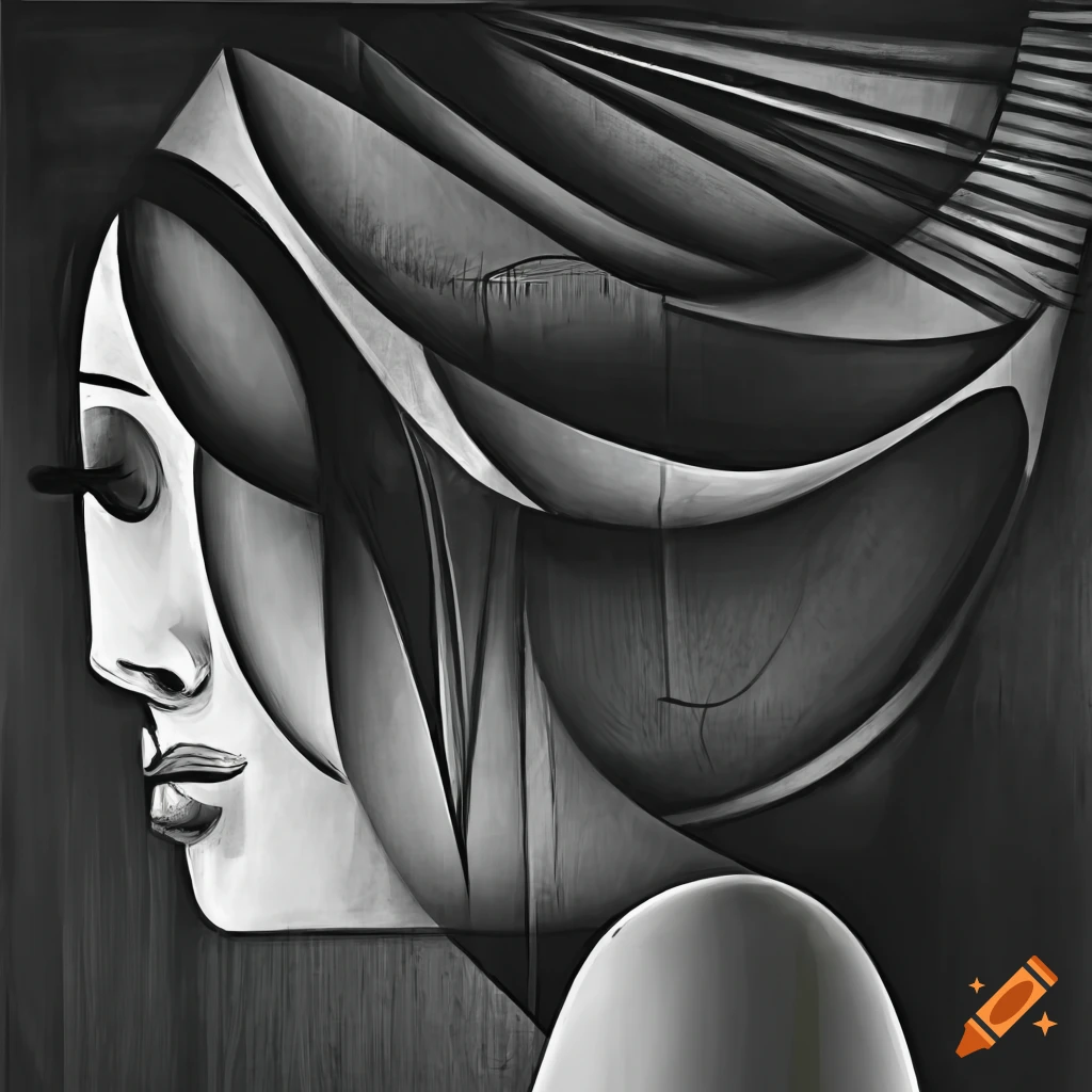 Surrealist cubism artwork with charcoal scratch and fine black lines on ...