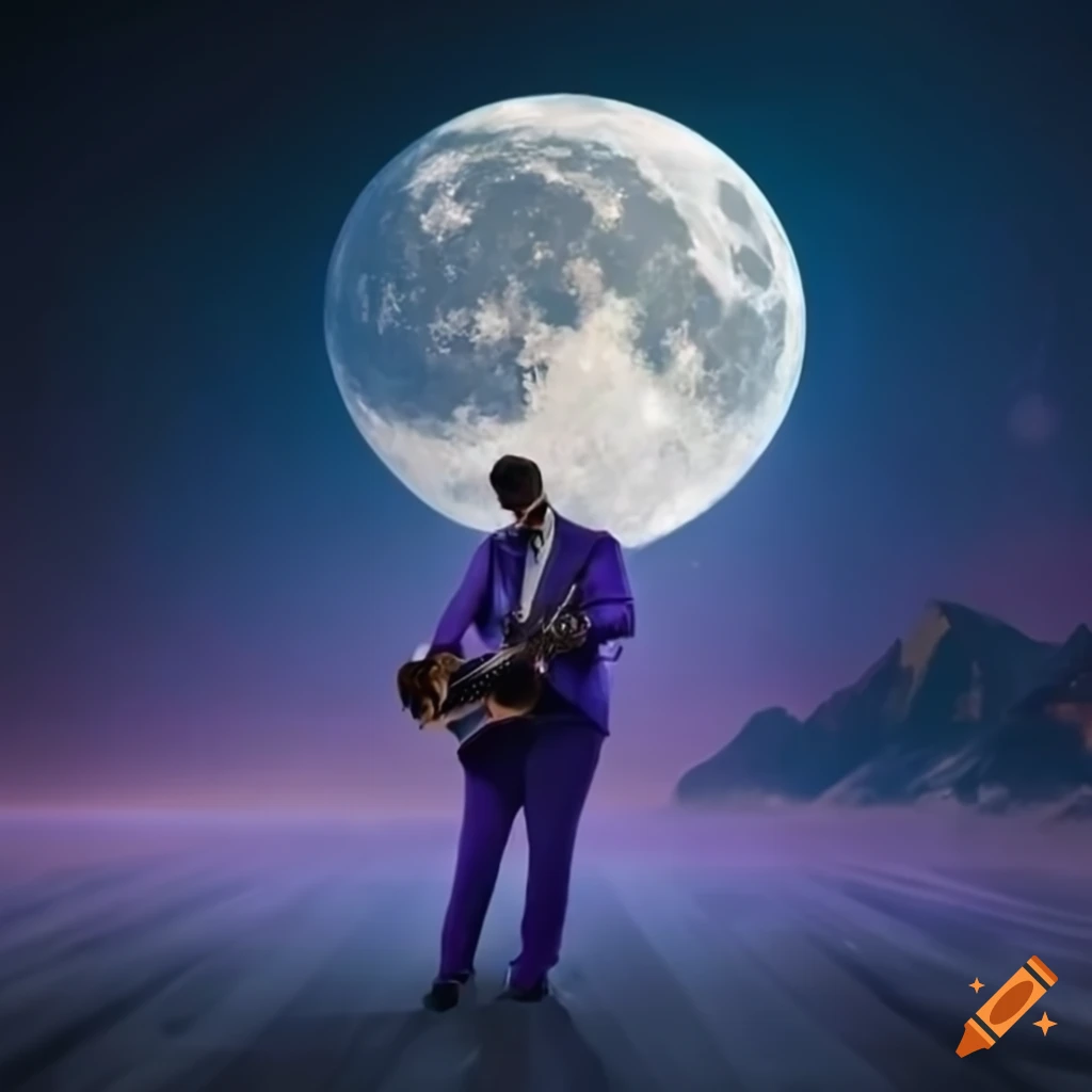 A man in a lavender suit playing guitar on the moon on Craiyon
