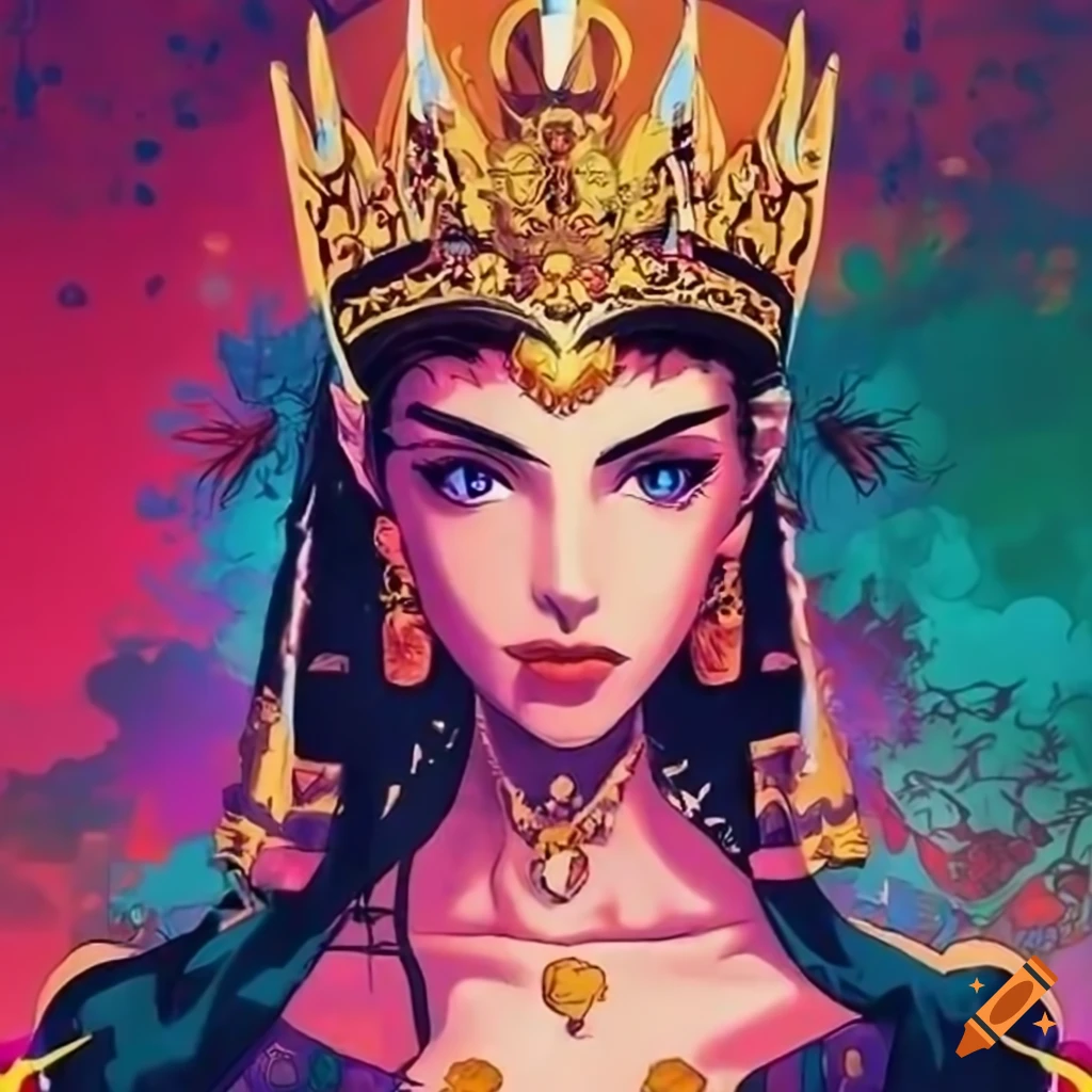 Vibrant 80s anime book cover of an Abkhazian princess on Craiyon