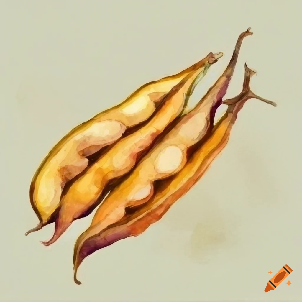 Watercolor painting of yellow bean pods on a colored background on Craiyon