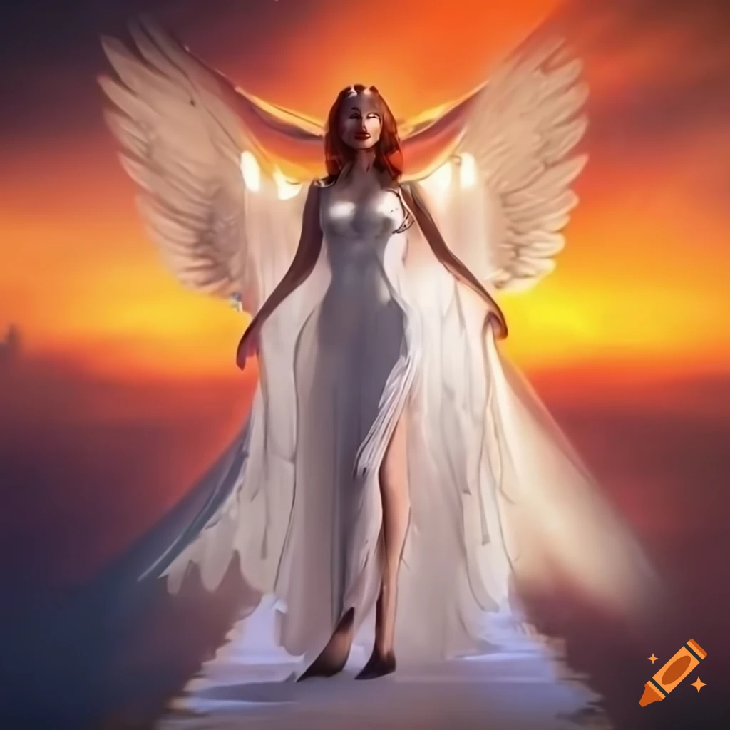 Angel with large bird wings and apocalyptic sky colors on Craiyon